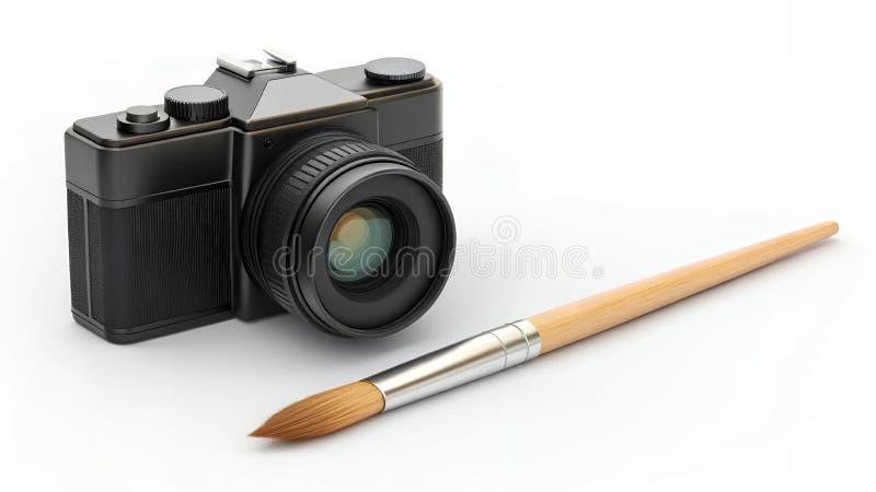 Camera and Paintbrush Still Life on White Background Stock Illustration ...