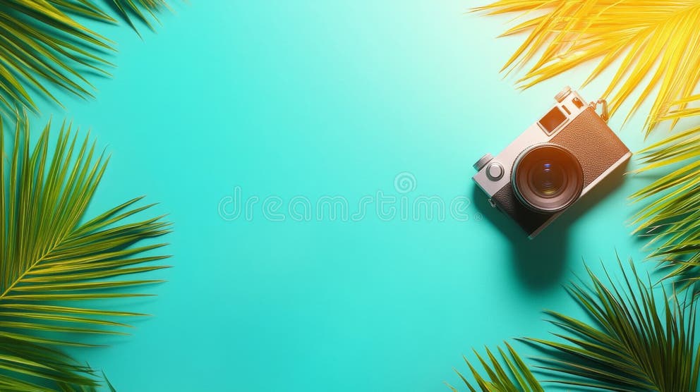 Camera and Palm Leaves on Teal Background Stock Illustration ...