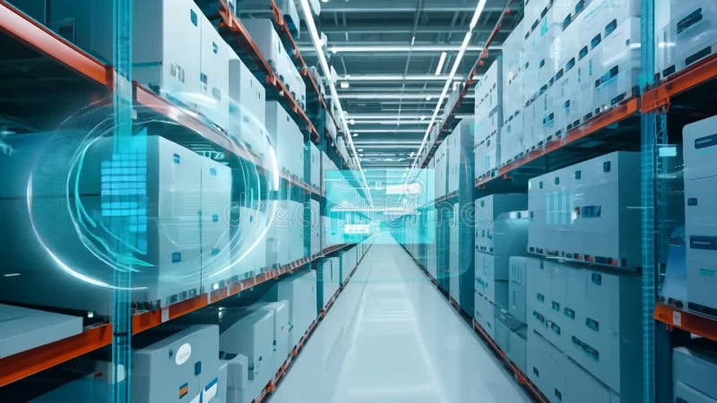 A Camera Pans Down a Warehouse Aisle Filled with Stacked Boxes. a ...