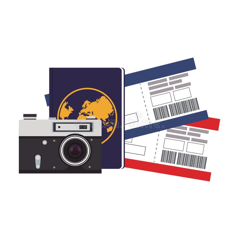 Camera with Passport and Flight Passboards, Flat Design Stock Vector ...