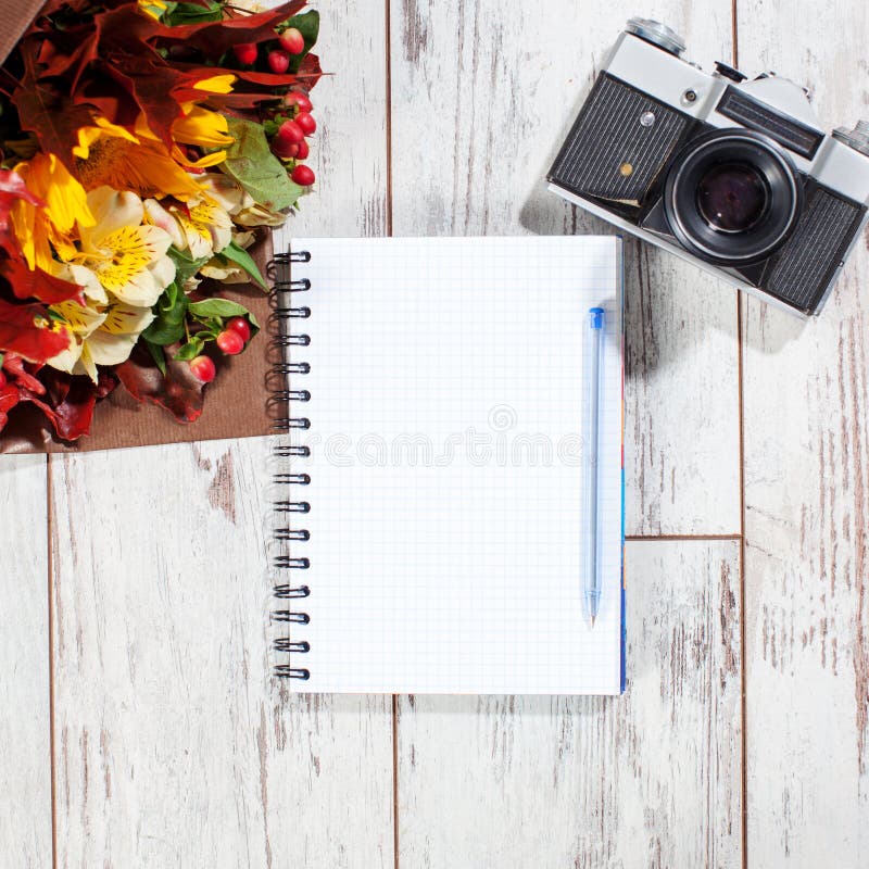 Camera with Pen for Planning Stock Image - Image of handbook, pencil ...