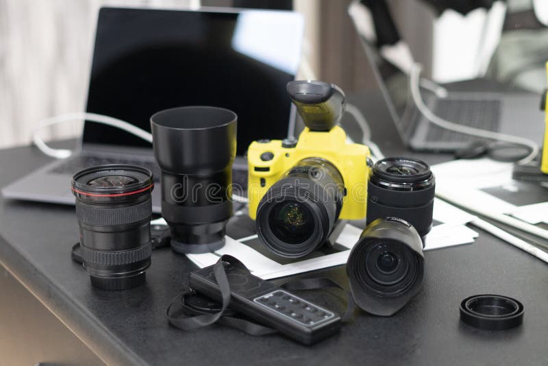 Camera Photography Design Studio Editing Concept. Camera in a Yellow ...