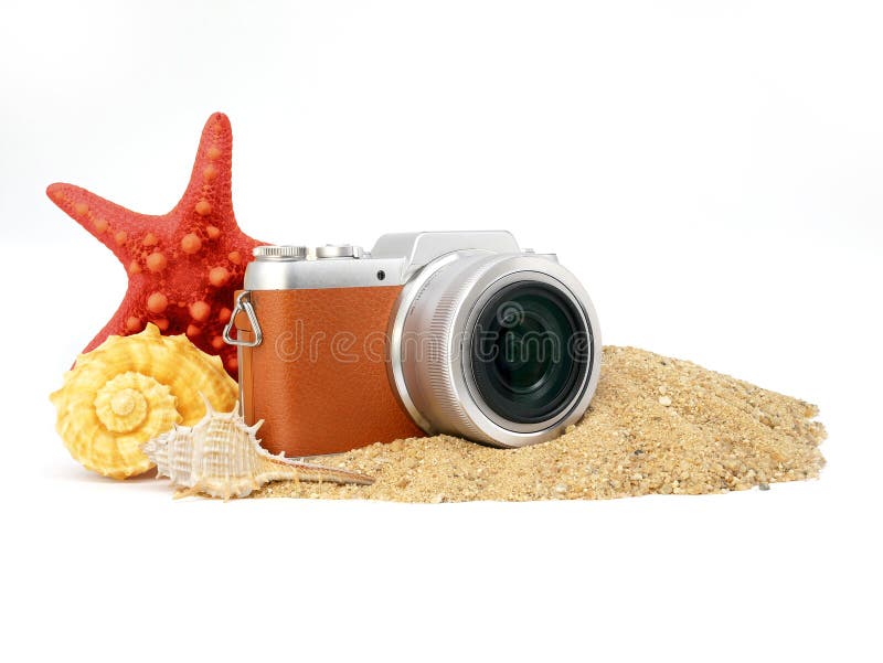Camera on Pile of Sand Isolated on White Background, Side View Stock ...