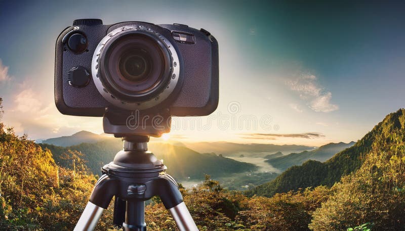A Camera is Pointed at a Beautiful Mountain Range Stock Illustration ...