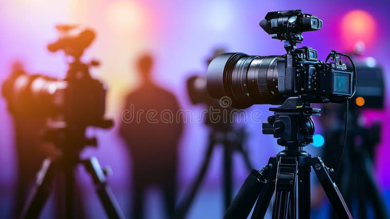 A Camera Positioned in Front of a Stage, with Lights Shining and People ...