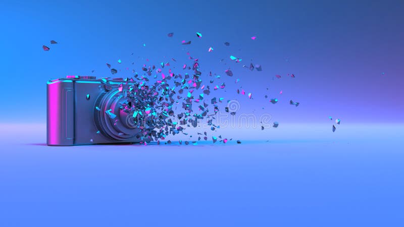 Camera in Purple Neon Lighting Crumbled into Small Parts Stock ...