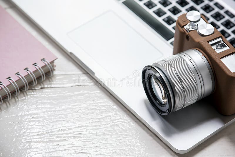 Camera Put on Laptop on White Table Stock Image - Image of retro, style ...