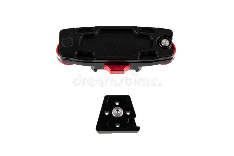 A Camera Quick-release Plate and Clamp with Red Adjustment Knobs ...