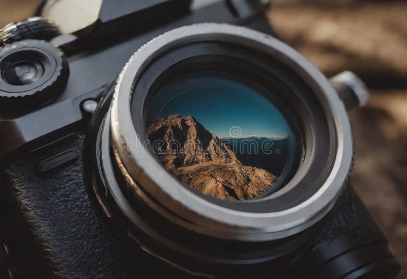 Camera with Reflection of Mountains in Lens Stock Illustration ...