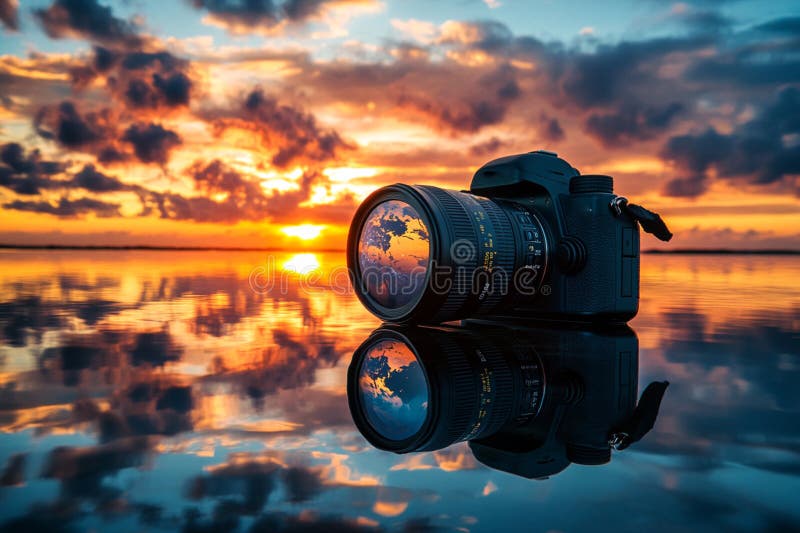 Camera Reflection on Water Surface with Sunset Sky SLR on Reflective ...