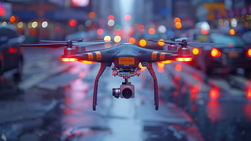 Camera on Remote-Control Flying Over City Street Stock Photo - Image of ...