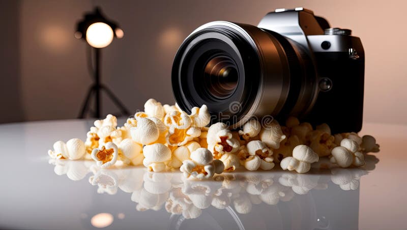 Camera Surrounded by Popcorn on a White Surface with Soft Lighting for ...