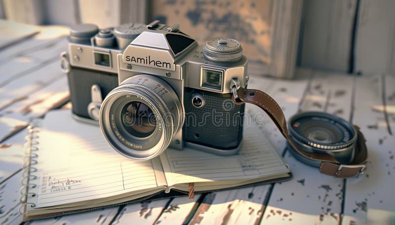 Camera retro with notebook stock illustration. Illustration of camera ...