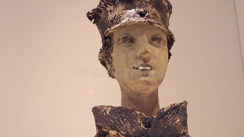 Camera Rotating Around Ancient Head Sculpture, Bust Behind Glass Stock ...