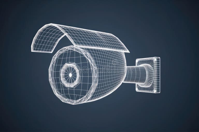 Camera Safety Render. Low Poly Wireframe on Dark Blue. Security System ...