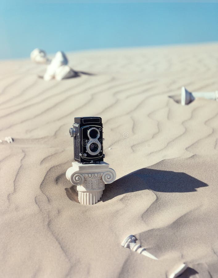 Camera in the Sand among Ruins, Color Vertical Concept Image Stock ...