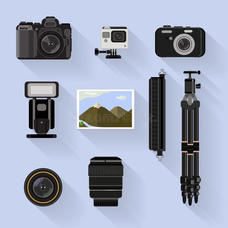 Camera Set . Flat Graphic Photo Camera and Tools Set on Blue Background ...