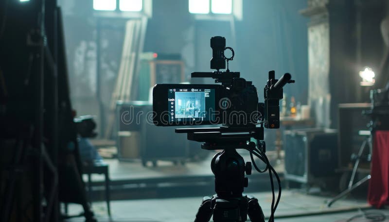 A Camera is Set Up in a Dark Room with a Black Tripod by AI Generated ...