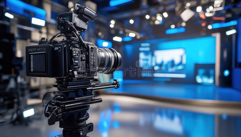 Camera Setup in a Modern Broadcast Studio with Blue Lighting during a ...