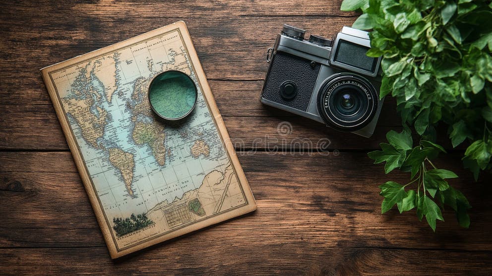 A Camera Sits on a Table Next To a Map of the World Stock Illustration ...