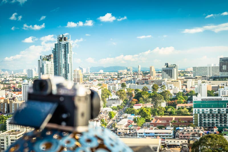 The Camera Stands Near the Panoramic Window with a Beautiful Panoramic ...