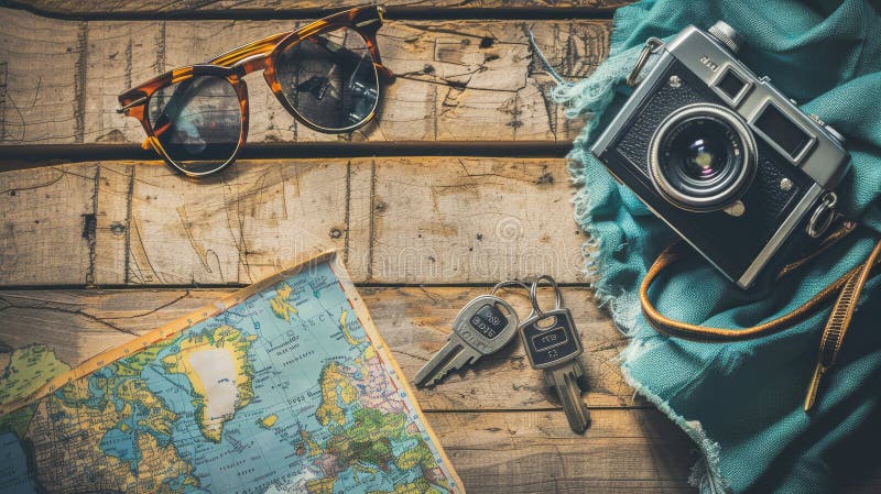 Camera, Sunglasses, Keys, and Map on a Hardwood Table AIG50 Stock Image ...
