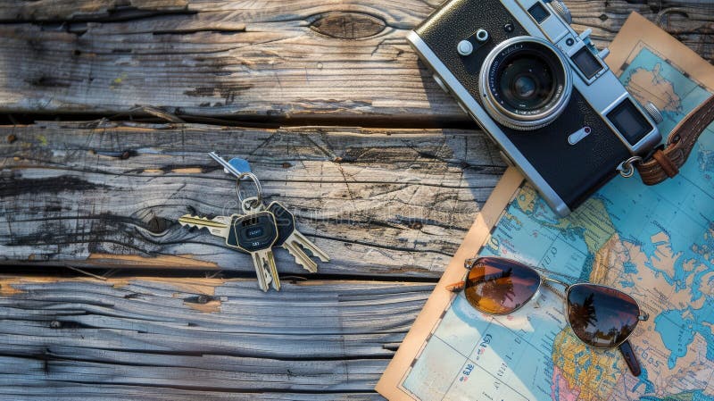 Camera, Sunglasses, Keys, and Map on a Hardwood Table AIG50 Stock Photo ...