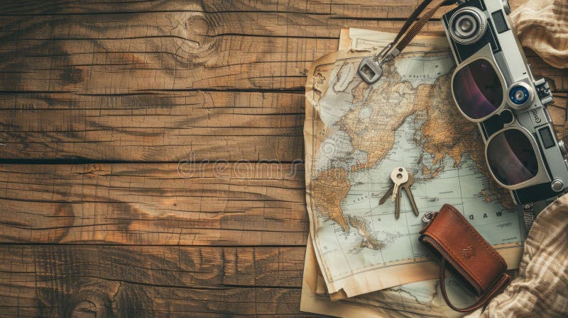 Camera, Sunglasses, Keys, and Map on a Hardwood Table AIG50 Stock Image ...