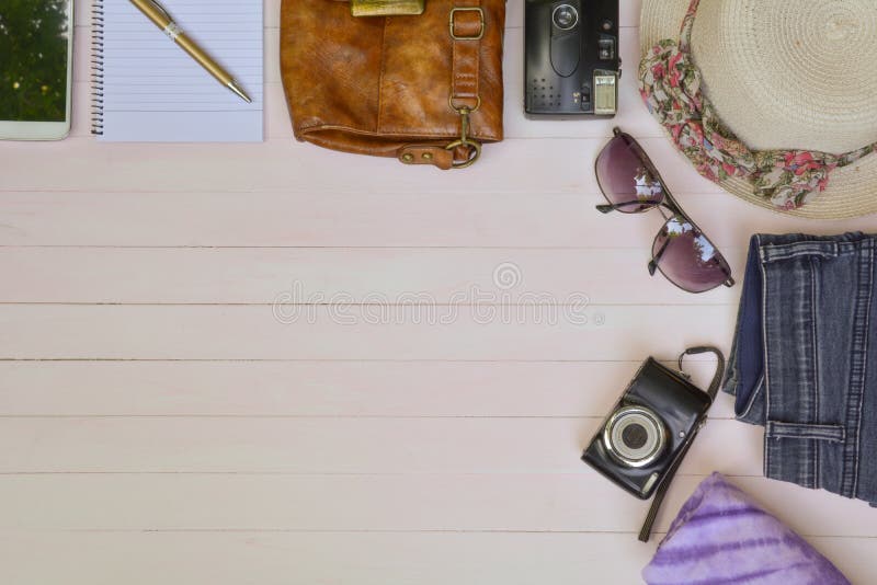 Camera and Supplies Wooden Table Background. Top View with Copy Stock ...