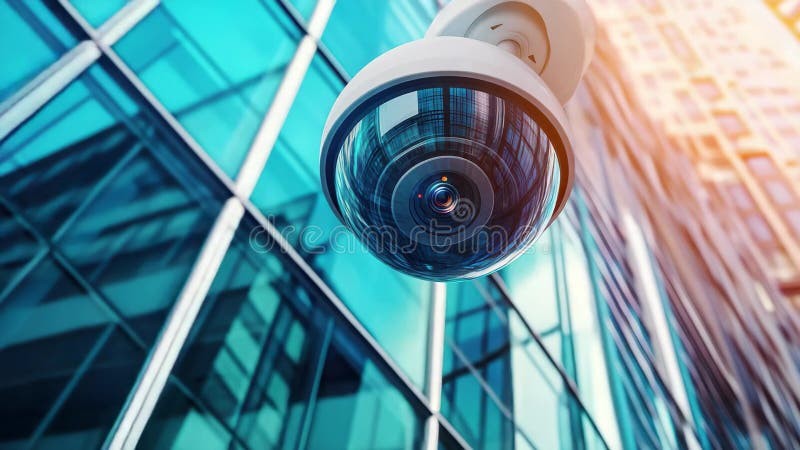 Camera is Suspended from a Building. the Camera is White and Has a Blue ...