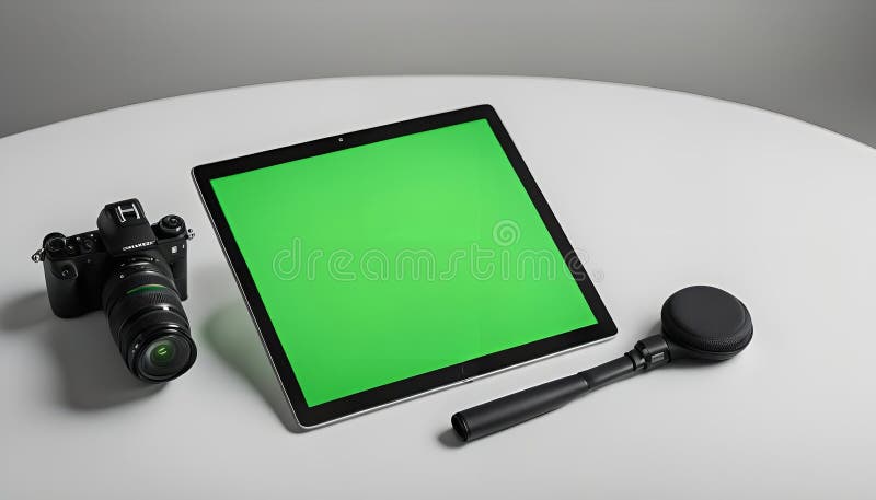 Camera, Tablet, and Microphone on a White Table Stock Illustration ...