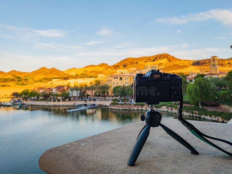 Camera Taking Picture of the Lake Landscape of Lake Las Vegas Stock ...