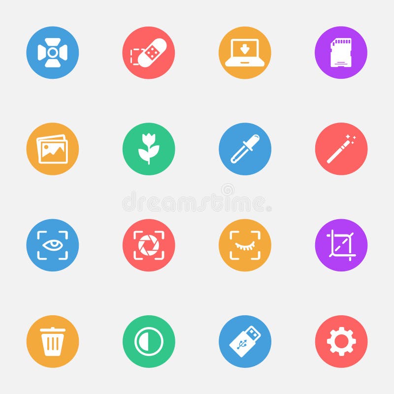 Camera Tools Vector Flat Icons on the Color Substrate Set of 16 Stock ...