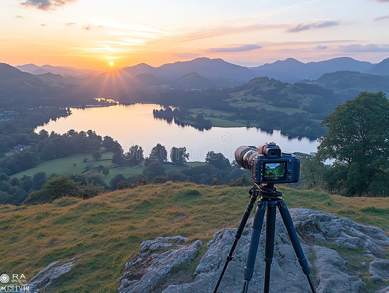 A Camera on a Tripod Captures a Breathtaking Sunset Over a Lake and ...