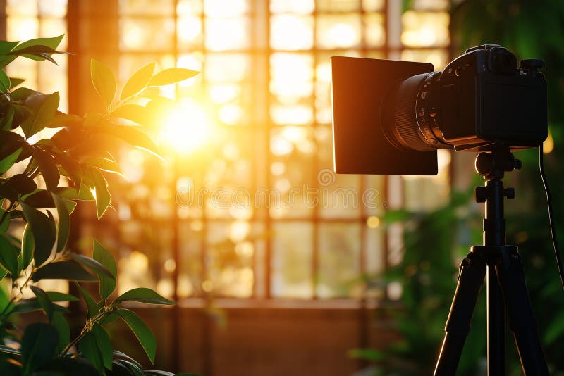 Camera on Tripod Captures Sunlight through Window Surrounded by ...