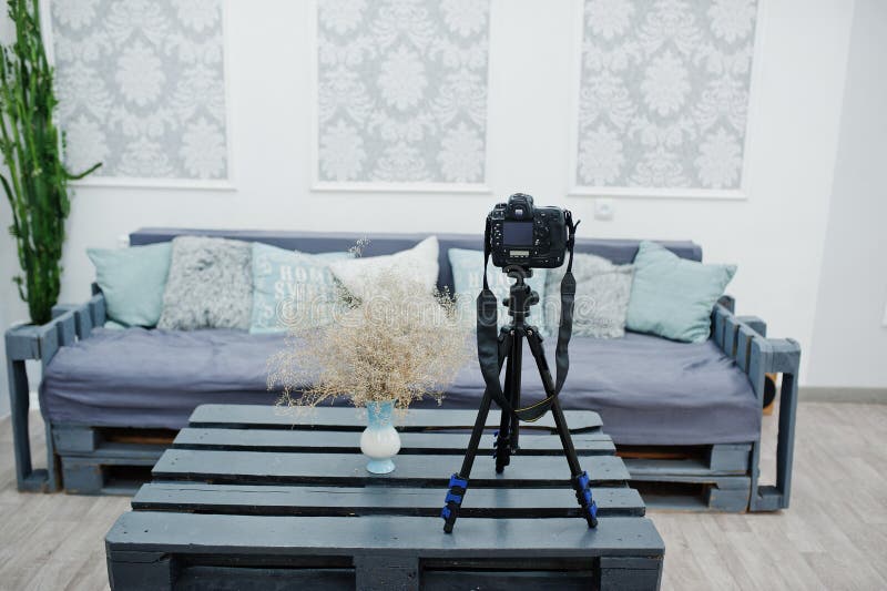 Camera on a Tripod in Cozy Bedroom Interior Stock Image - Image of ...