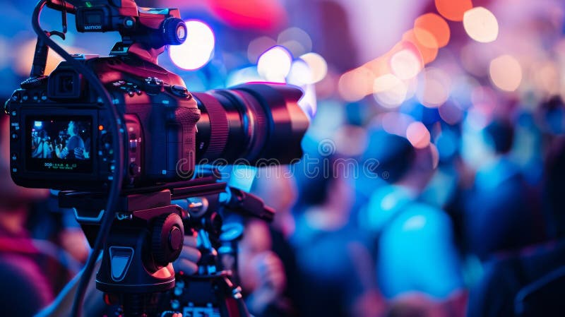 Camera on a Tripod in Front of a Crowd Stock Photo - Image of mounted ...