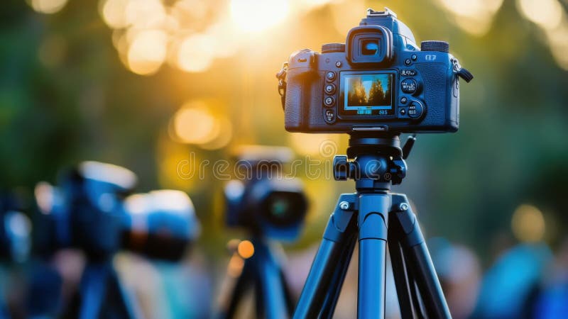A Camera on a Tripod in Front of a Group of People, Capturing the ...