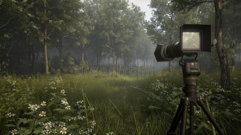 A Camera on a Tripod is Positioned in a Misty Forest, Facing a Path ...