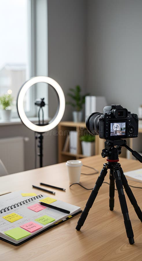 Camera on Tripod with Ring Light and Notebook on Desk Ready for ...