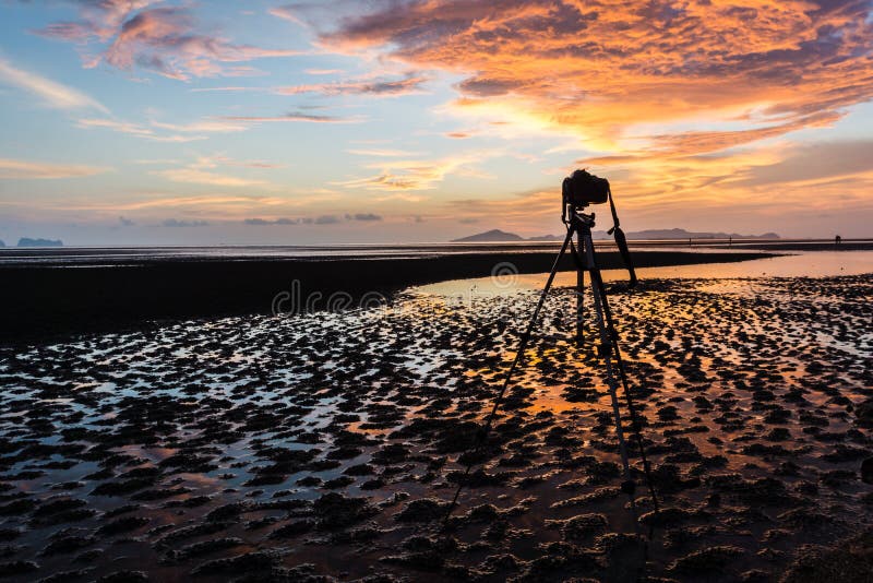 Camera and Tripod on the Sunset Stock Image - Image of hobbies, black ...