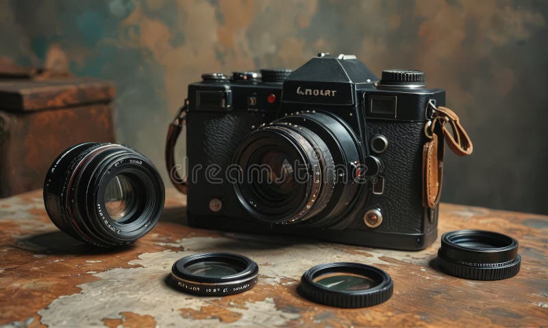 Camera and Two Lenses on Table Stock Illustration - Illustration of ...