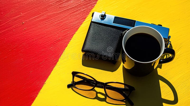 A Camera, a Wallet, and a Cup of Coffee Sit on a Table Stock ...