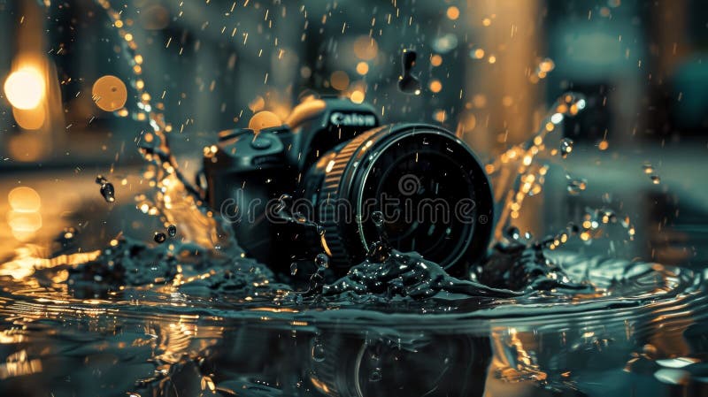 Camera in Water Splash with Dramatic Lighting Stock Image - Image of ...
