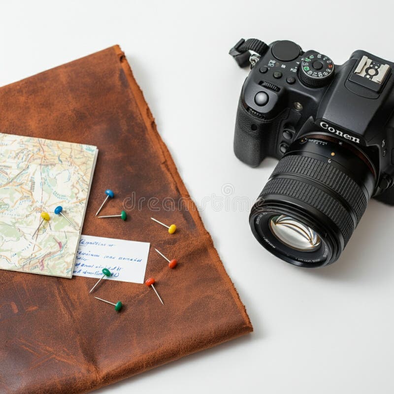 A Camera with a Zoom Lens is Placed on a White Surface Next To a Piece ...