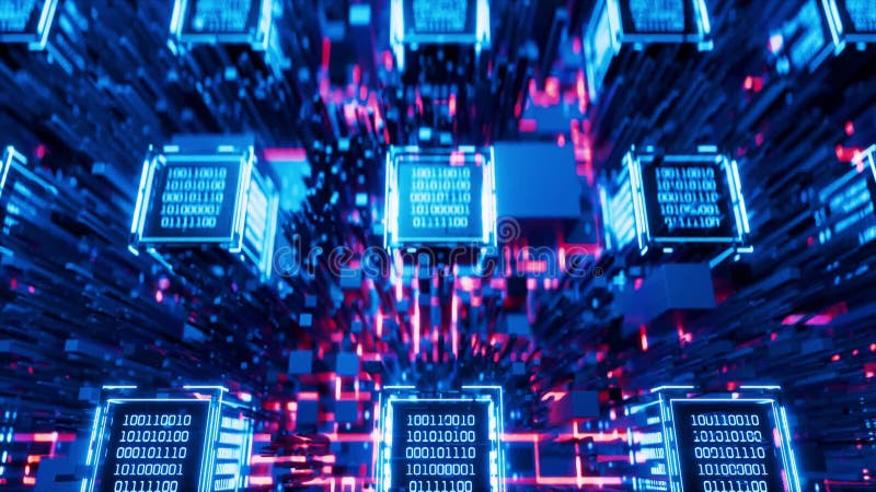 Camera Zoom Out from Binary Code Cube. Hacker Attack. Computer Code. Blockchain. Artificial ...