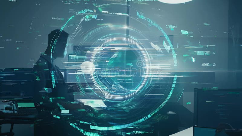 The Camera Zooms in on Developers in a Futuristic Office As Dynamic 3D ...