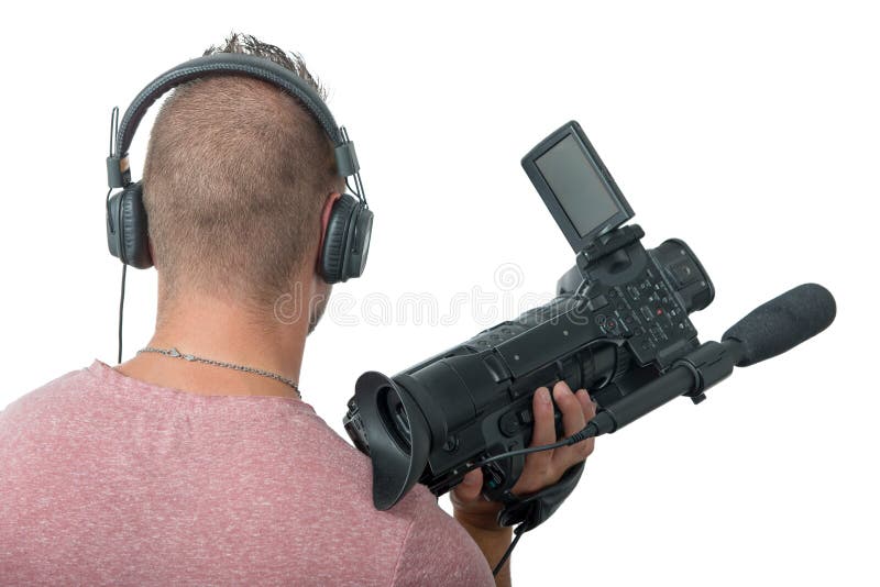 Cameraman with Professional Camcorder and Headphones, Back View Stock ...
