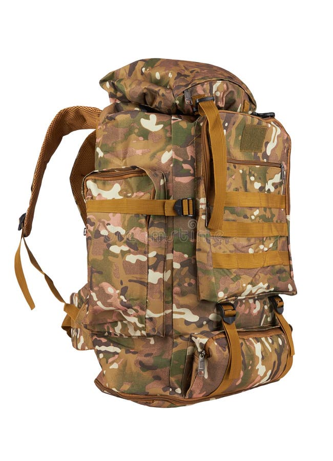 Camouflage Backpack on White Stock Photo - Image of unmanned, white ...