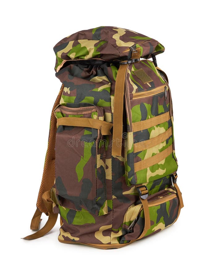 Camouflage Backpack on White Stock Photo - Image of unmanned, white ...
